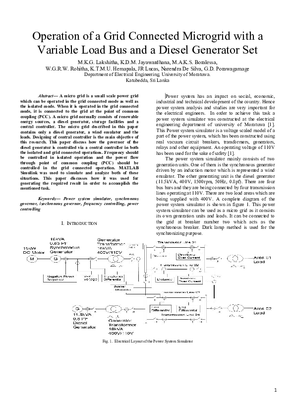 Pdf Operation Of A Grid Connected Microgrid With A Variable Load Bus And A Diesel Generator Set