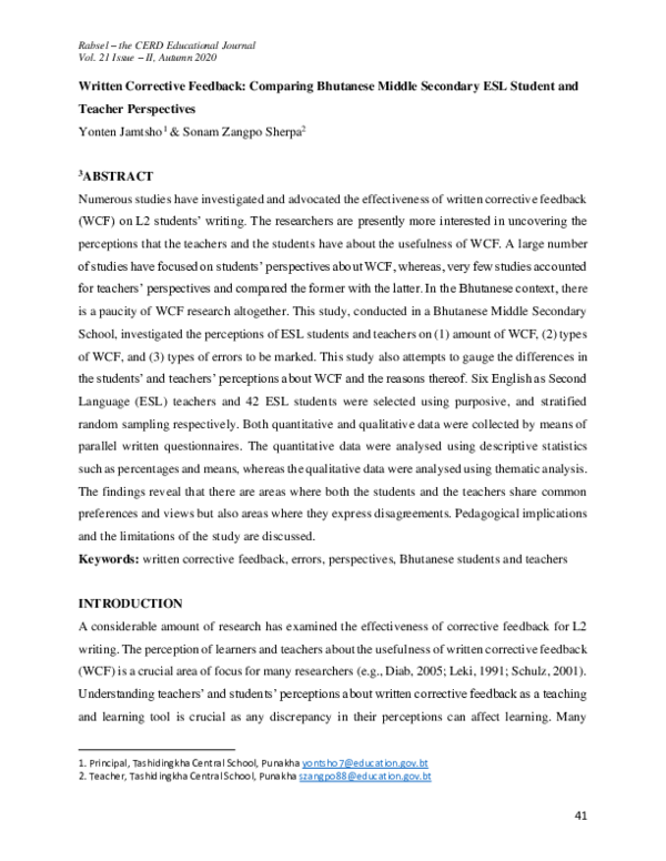 (PDF) Written Corrective Feedback: Comparing Bhutanese Middle Secondary ESL Student and Teacher ...