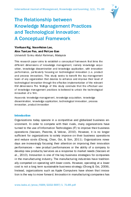 (PDF) The Relationship between Knowledge Management Practices and Technological Innovation: A ...