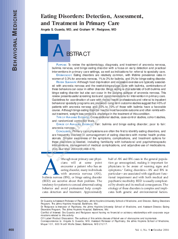 (PDF) Eating Disorders: Detection, Assessment, and Treatment in Primary ...