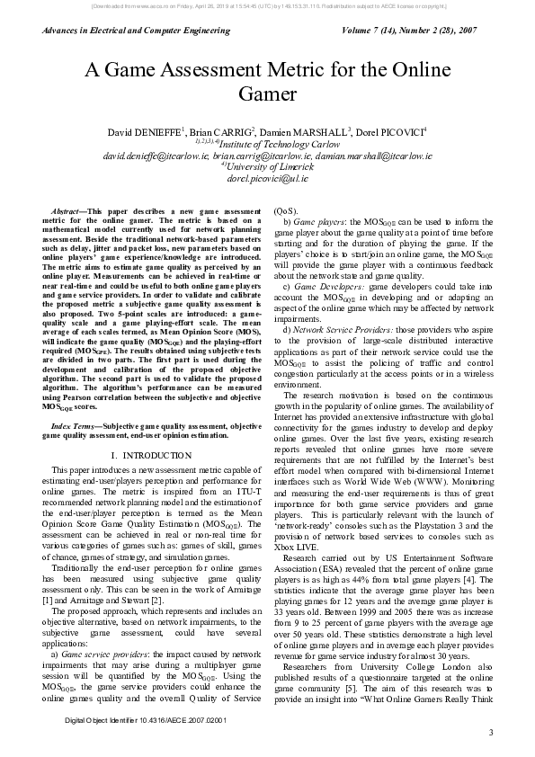 (PDF) A Game Assessment Metric for the Online Gamer