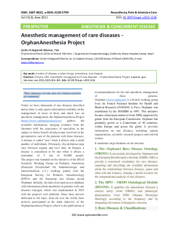 (PDF) Anesthetic management of rare diseases -OrphanAnesthesia Project
