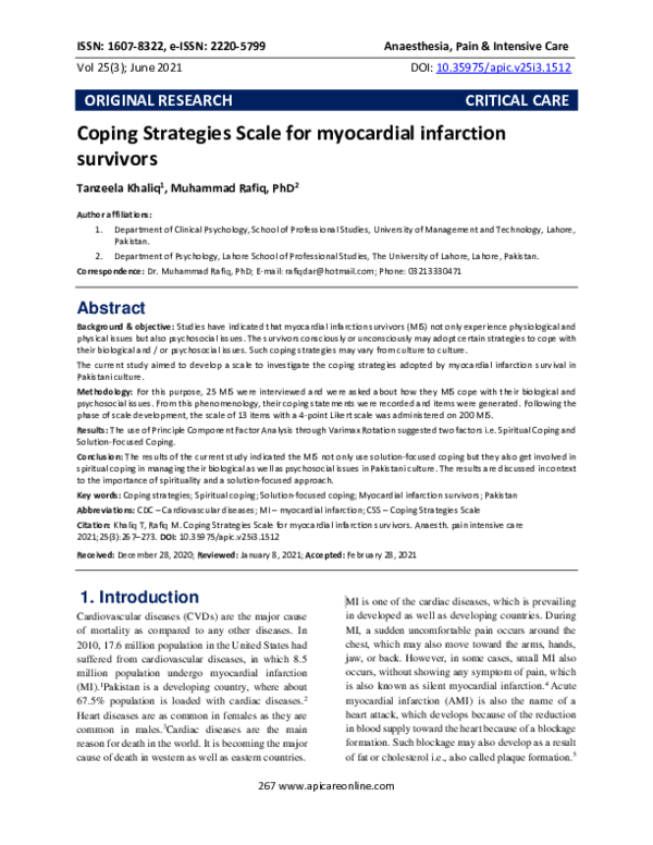 (PDF) Coping Strategies Scale for myocardial infarction survivors