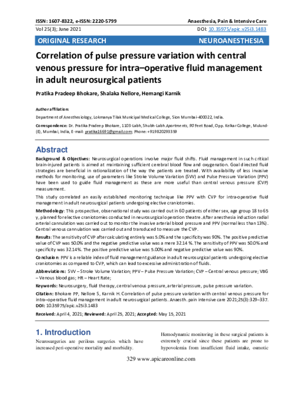 (PDF) Correlation of pulse pressure variation with central venous ...