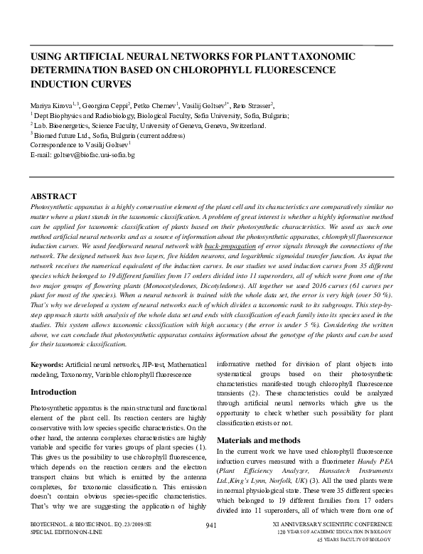 (PDF) Using Artificial Neural Networks for Plant Taxonomic Determination Based on Chlorophyll ...