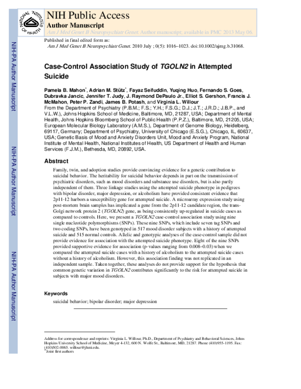 (PDF) Case-control association study of TGOLN2 in attempted suicide