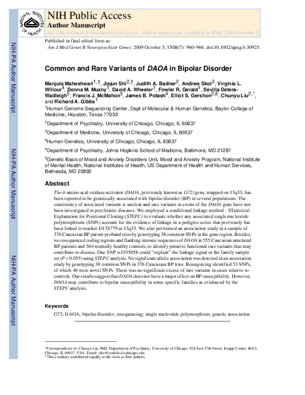 (PDF) Common and rare variants of DAOA in bipolar disorder