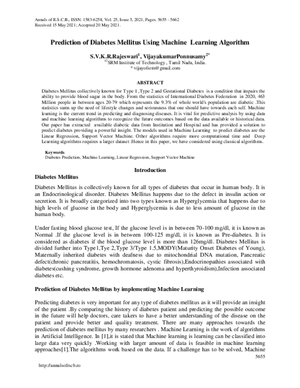 (PDF) Prediction of Diabetes Mellitus Using Machine Learning Algorithm