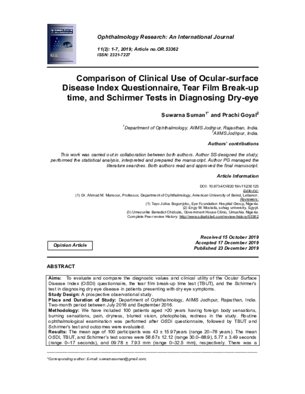 (PDF) Comparison of Clinical Use of Ocular-surface Disease Index ...