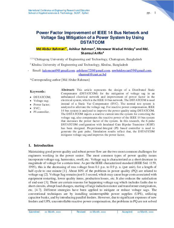 (PDF) Power Factor Improvement of IEEE 14 Bus Network and Voltage Sag Mitigation of a Power ...