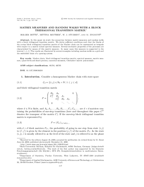 Pdf Matrix Measures And Random Walks With A Block Tridiagonal Transition Matrix