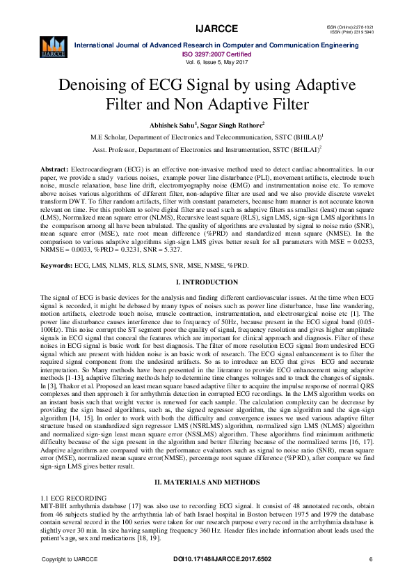 Pdf Denoising Of Ecg Signal By Using Adaptive Filter And Non Adaptive Filter Sagar Rathore