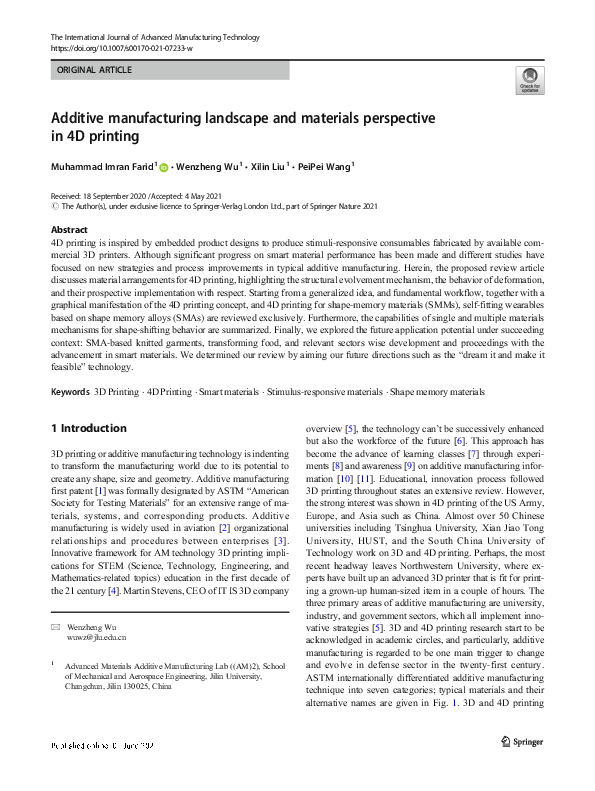 (PDF) Additive manufacturing landscape and materials perspective in 4D ...
