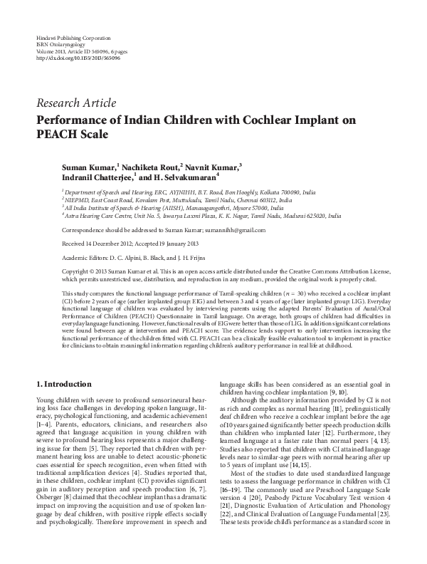(PDF) Performance of Indian Children with Cochlear Implant on PEACH Scale