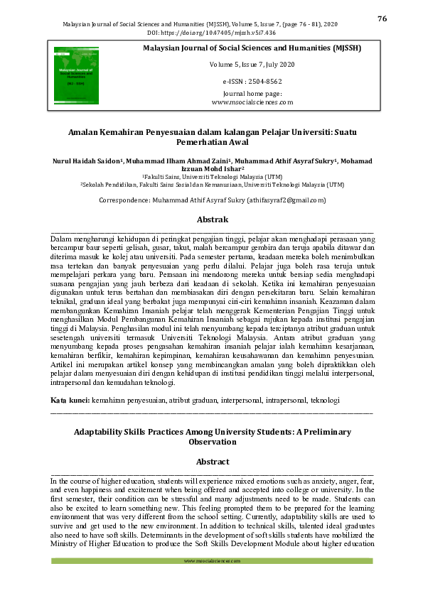 (PDF) Amalan Kemahiran Penyesuaian dalam kalangan Pelajar Universiti ...