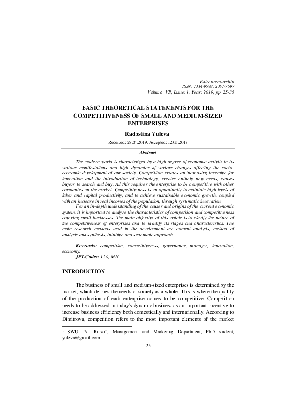 (PDF) BASIC THEORETICAL STATEMENTS FOR THE COMPETITIVENESS OF SMALL AND MEDIUM-SIZED ENTERPRISES