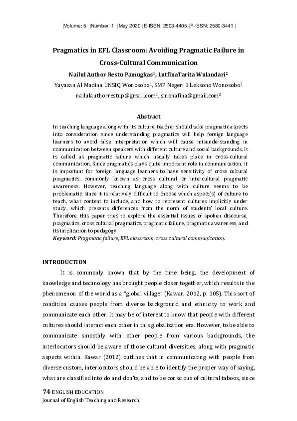 (PDF) Pragmatics in Efl Classroom: Avoiding Pragmatic Failure in Cross ...