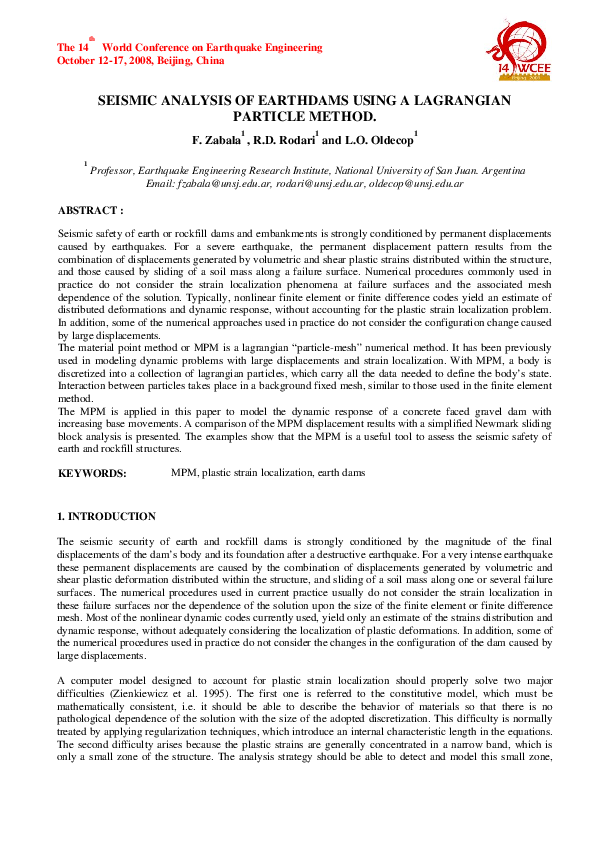 (PDF) Seismic Analysis of Earthdams Using a Lagrangian Particle Method (PDF) Seismic Analysis of Earthdams Using a Lagrangian Particle Method