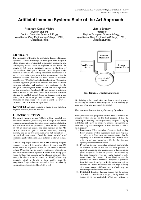 (PDF) Artificial Immune System: State of the Art Approach