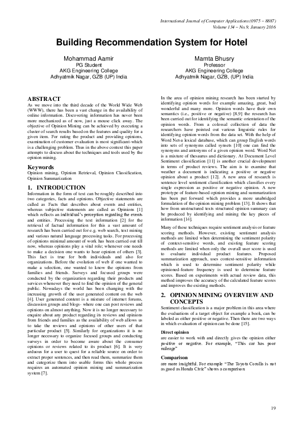 (PDF) Building Recommendation System for Hotel