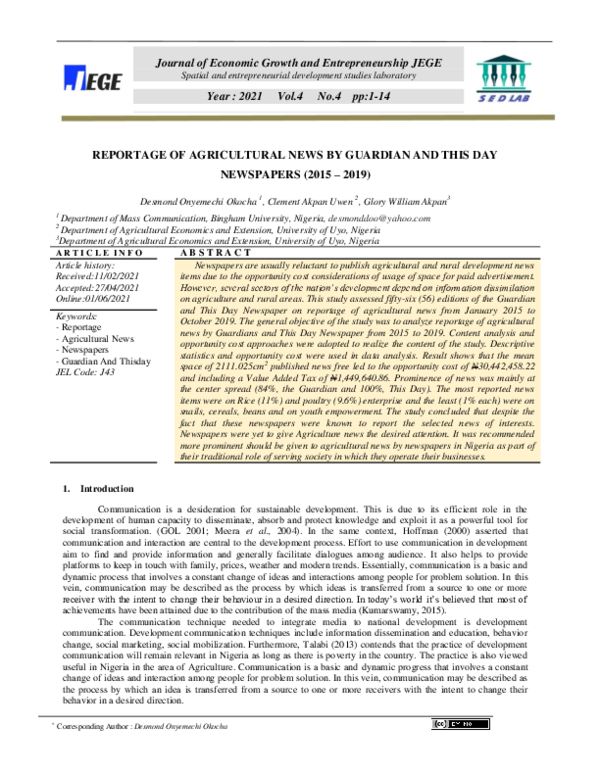 (PDF) REPORTAGE OF AGRICULTURAL NEWS BY GUARDIAN AND THIS DAY ...