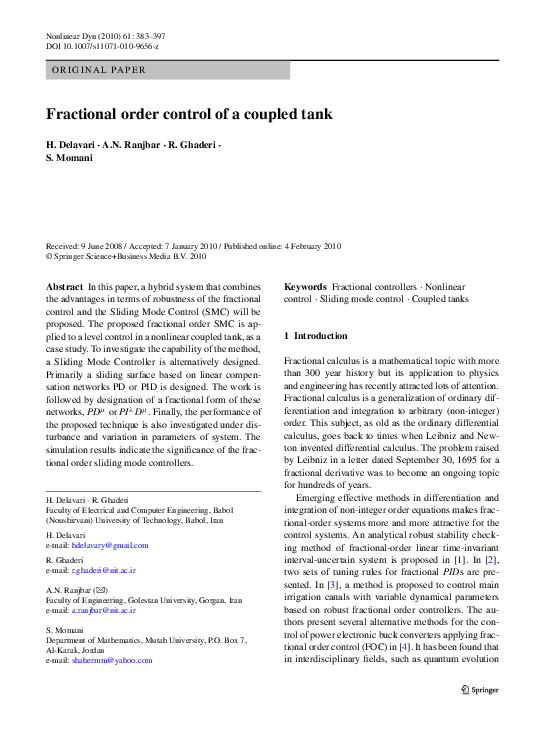 (PDF) Fractional order control of a coupled tank