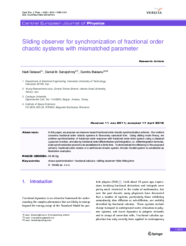 (PDF) Sliding observer for synchronization of fractional order chaotic systems with mismatched ...