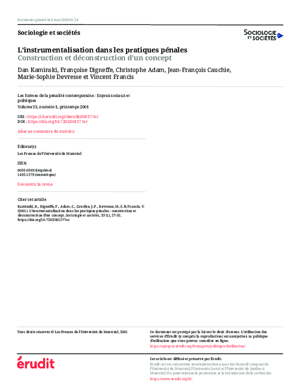 (PDF) L'instrumentalisation dans les pratiques pénales: Construction et déconstruction d'un ...