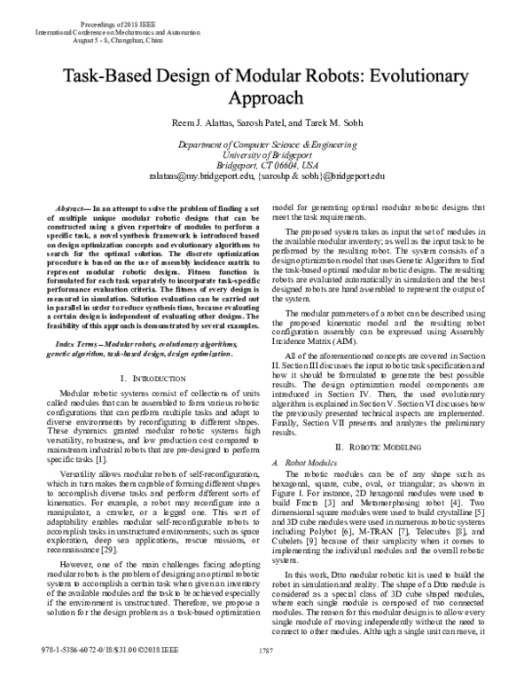 Pdf Task Based Design Of Modular Robots Evolutionary Approach 0399
