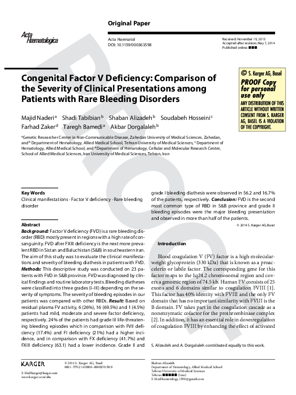 (PDF) Congenital Factor V deficiency, comparison the severity of ...