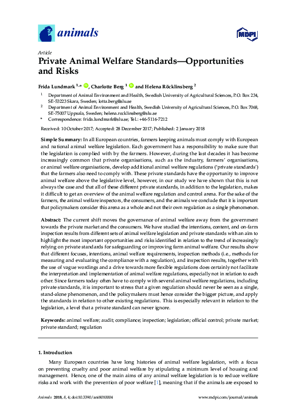 (PDF) Private Animal Welfare Standards-Opportunities and Risks