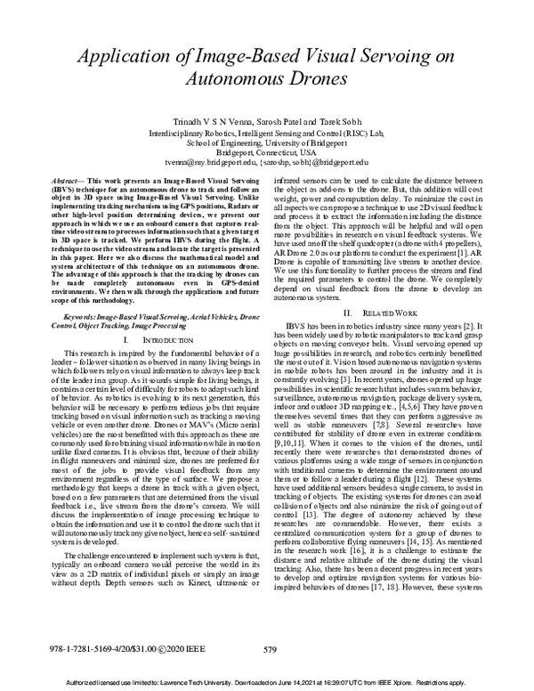 Pdf Application Of Image Based Visual Servoing On Autonomous Drones