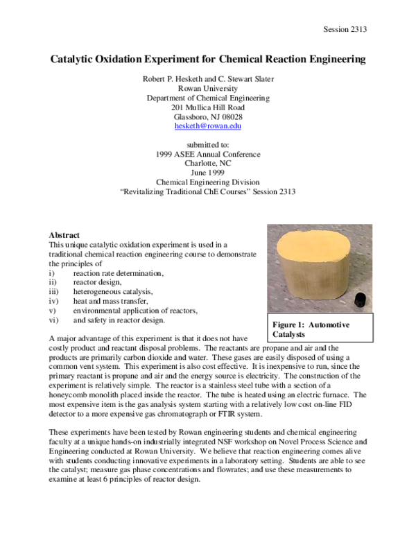 (PDF) Catalytic Oxidation Experiment for Chemical Reaction Engineering