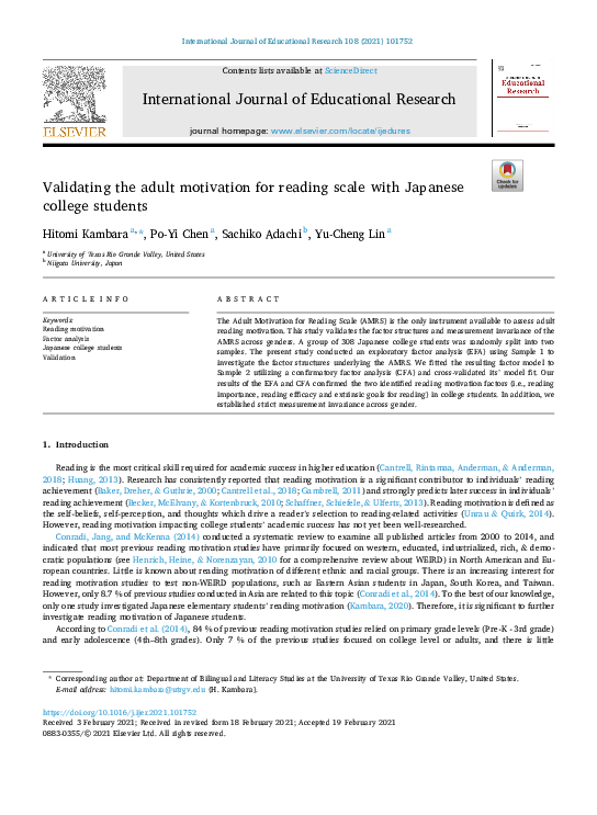 (PDF) Validating the adult motivation for reading scale with Japanese college students