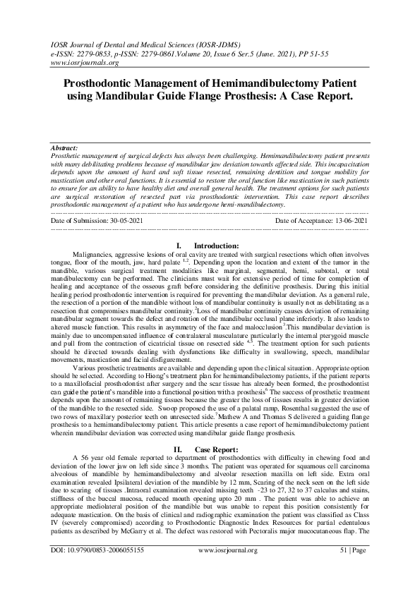 (PDF) Prosthodontic Management of Hemimandibulectomy Patient using ...