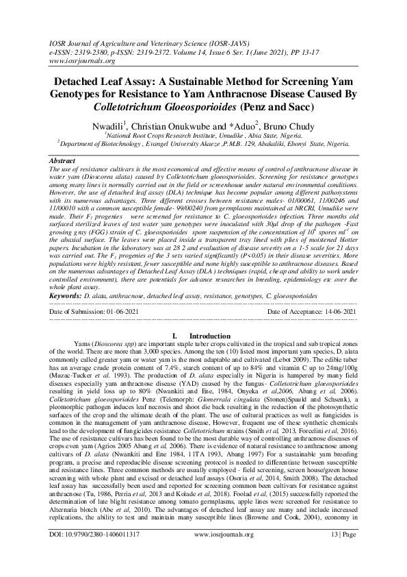 (PDF) Detached Leaf Assay: A Sustainable Method for Screening Yam ...
