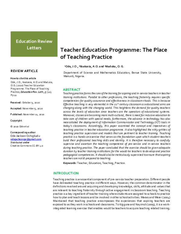 (PDF) Teacher Education Programme: The Place of Teaching Practice