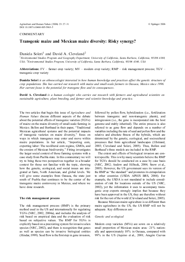 (PDF) Transgenic Maize and Mexican Maize Diversity: Risky Synergy?