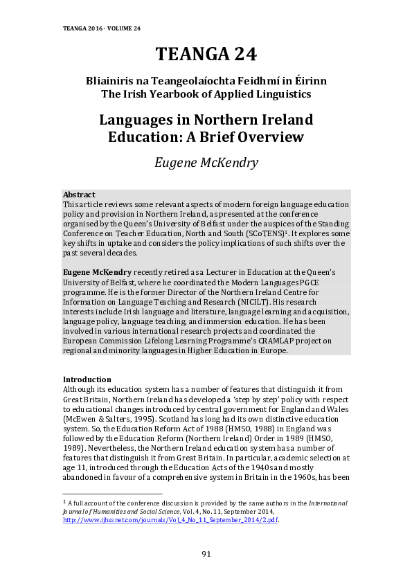 (PDF) Languages in Northern Ireland Education: A Brief Overview