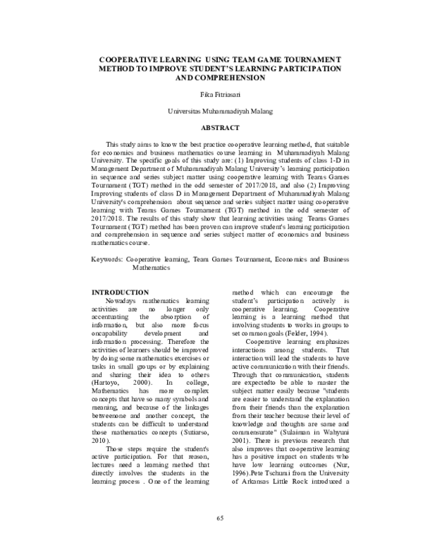 (PDF) Cooperative Learning Using Team Game Tournament Method to Improve Student’s Learning ...