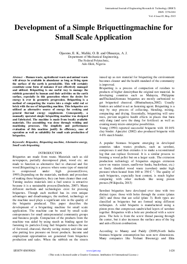 (PDF) Development of a Simple Briquetting Machine for Small Scale ...