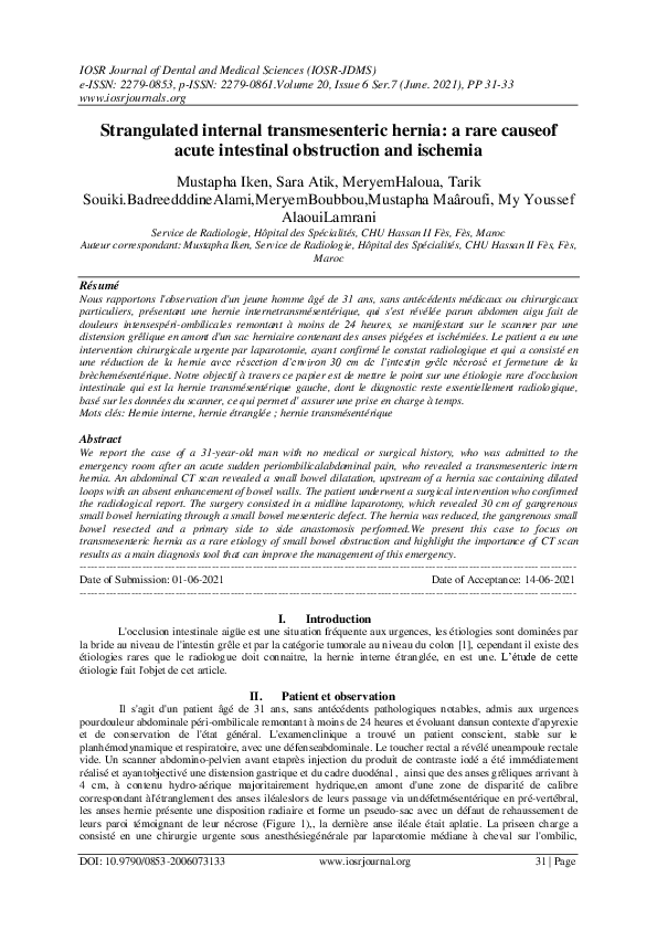 (PDF) Strangulated internal transmesenteric hernia: a rare causeof ...