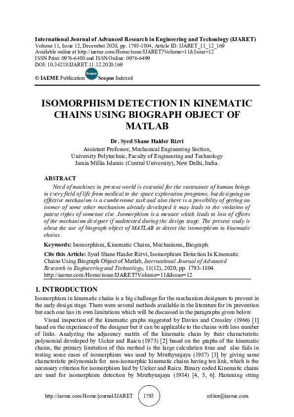 Pdf Isomorphism Detection In Kinematic Chains Using Biograph Object Of Matlab