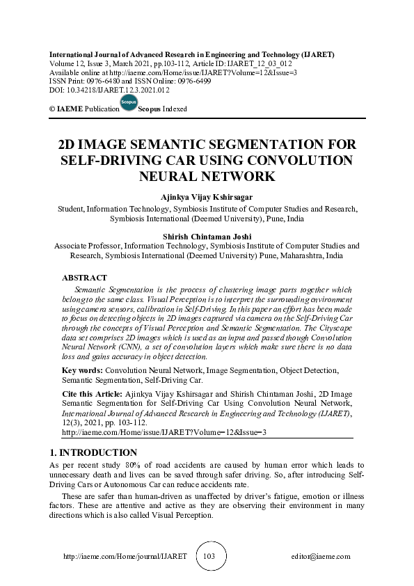 Pdf 2d Image Semantic Segmentation For Self Driving Car Using Convolution Neural Network