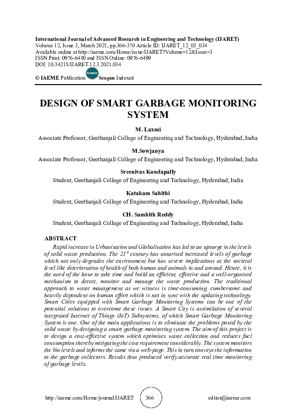 (PDF) DESIGN OF SMART GARBAGE MONITORING SYSTEM