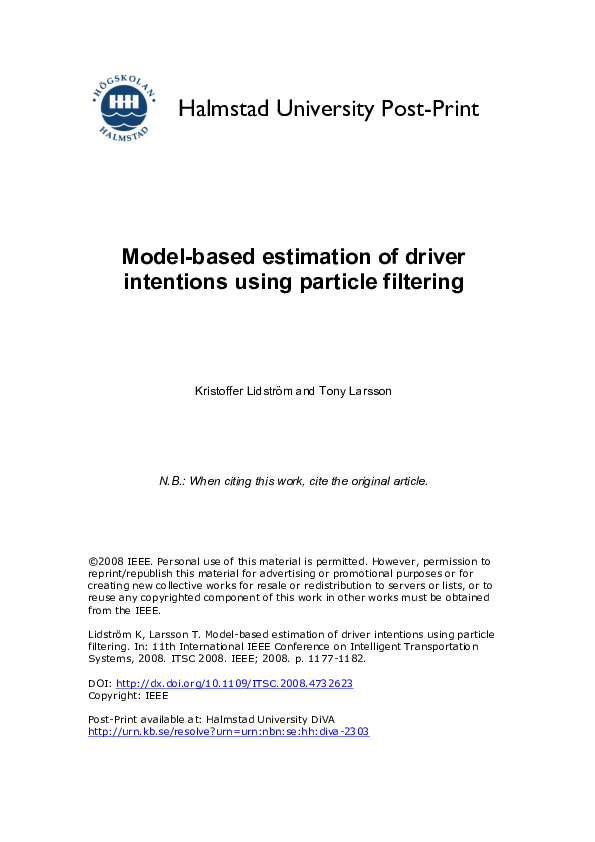 Pdf Model Based Estimation Of Driver Intentions Using Particle Filtering