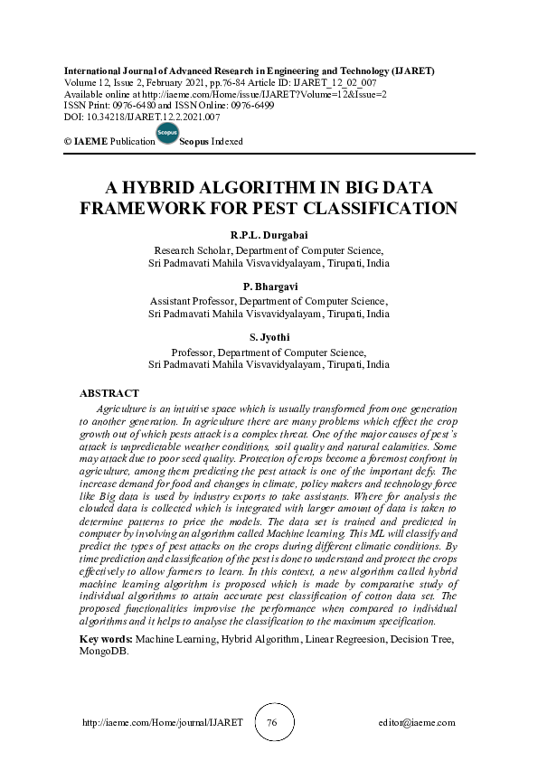 (PDF) A HYBRID ALGORITHM IN BIG DATA FRAMEWORK FOR PEST CLASSIFICATION