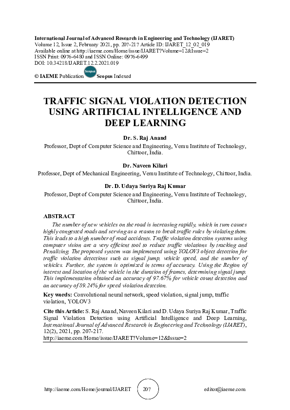 (PDF) TRAFFIC SIGNAL VIOLATION DETECTION USING ARTIFICIAL INTELLIGENCE ...