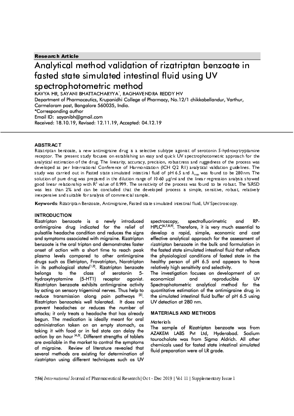 (PDF) Analytical method validation of rizatriptan benzoate in fasted ...