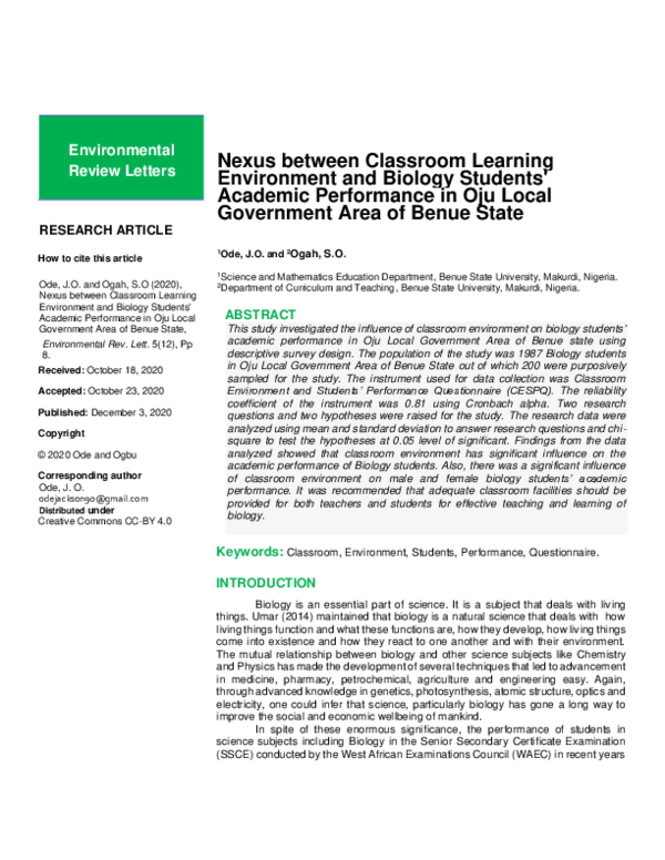 (PDF) Nexus between Classroom Learning Environment and Biology Students ...
